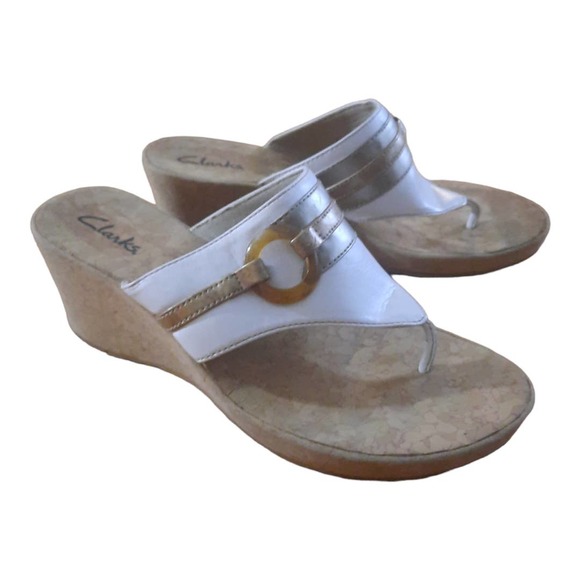 Clarks | Shoes | Clarks Yacht Marina White Gold Cork Wedge Sandals Size ...